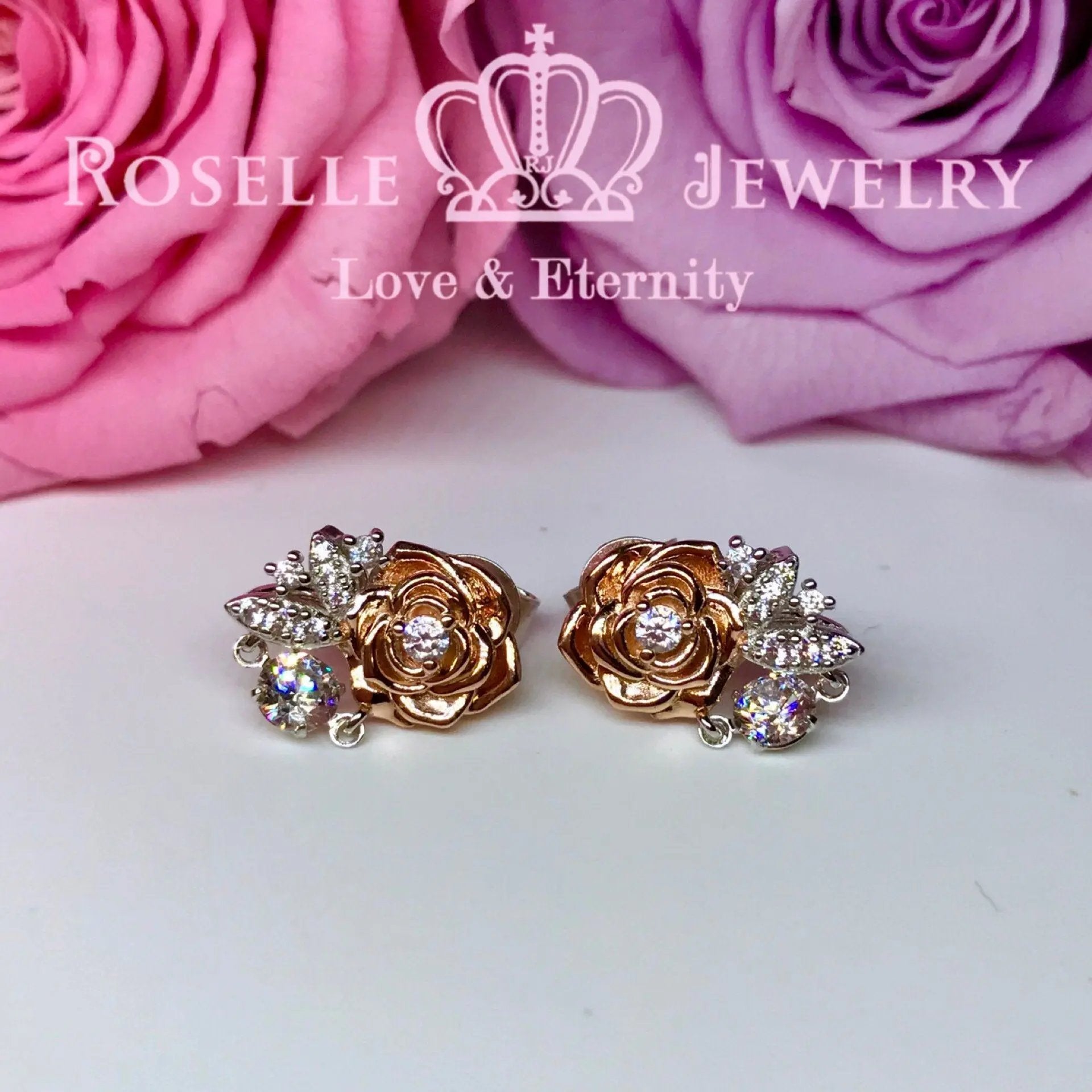 Rose Floral Dancing Stone Stud Earrings - ED4 – Roselle Jewelry